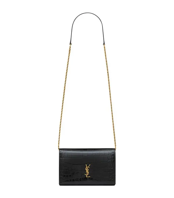 Saint Laurent Cassandre Croc-embossed Envelope Chain Wallet - Black