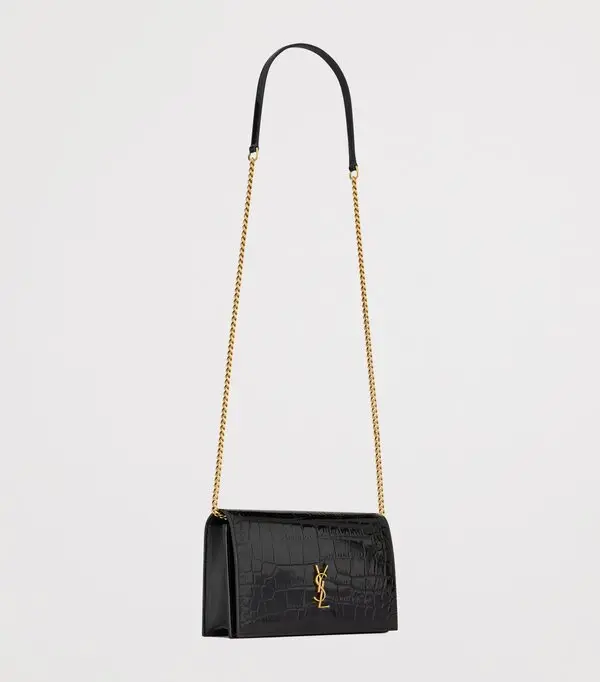 Saint Laurent Cassandre Croc-embossed Envelope Chain Wallet - Black