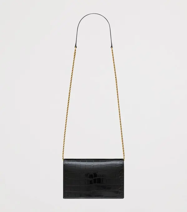 Saint Laurent Cassandre Croc-embossed Envelope Chain Wallet - Black
