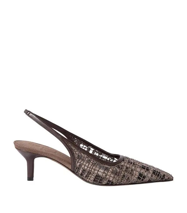 Brunello Cucinelli Suede Embroidered City Slingback Heels 55