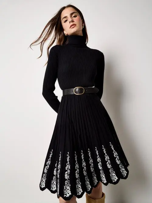 APRICOT Lace Embroidery Fit Flare Knit Dress