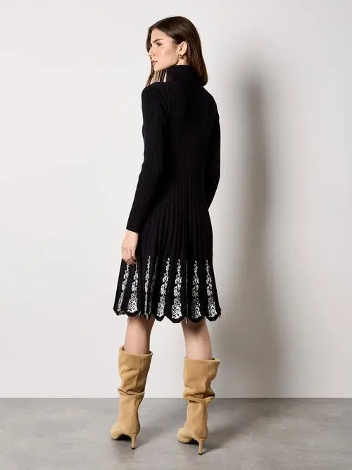 APRICOT Lace Embroidery Fit Flare Knit Dress