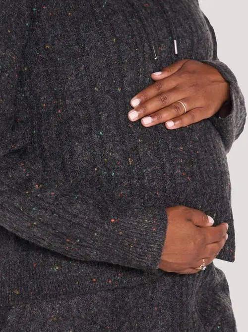 Motherhood Maternity Long Sleeve Cable Knit Sweater Hoodie - Charcoal