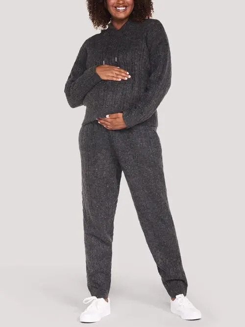 Motherhood Maternity Long Sleeve Cable Knit Sweater Hoodie - Charcoal