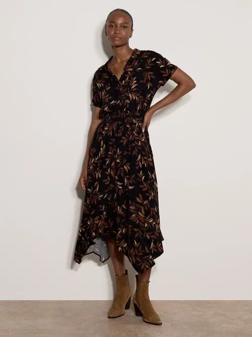 APRICOT Painterly Leaf Hanky Hem Midi Dress