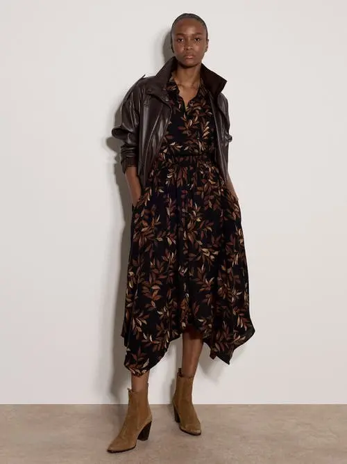 APRICOT Painterly Leaf Hanky Hem Midi Dress