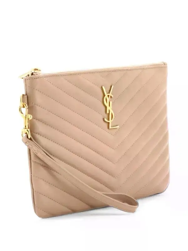 Saint Laurent Classic Monogram Wristlet Pouch Matelasse Chevron Leather Small Clutch Bag