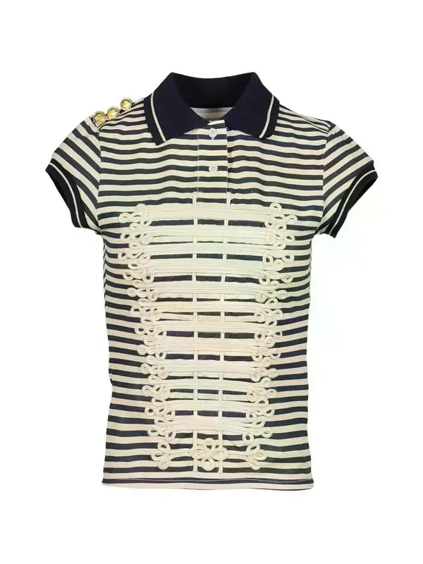 PRAYING Frogging-detail Striped Polo Shirt