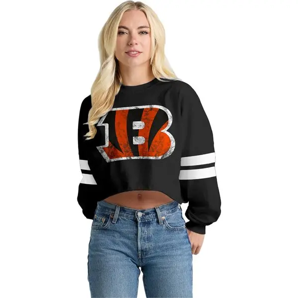 SPIRIT JERSEY Cincinnati Bengals Oversized Cropped Stripe Long Sleeve T-shirt - Black