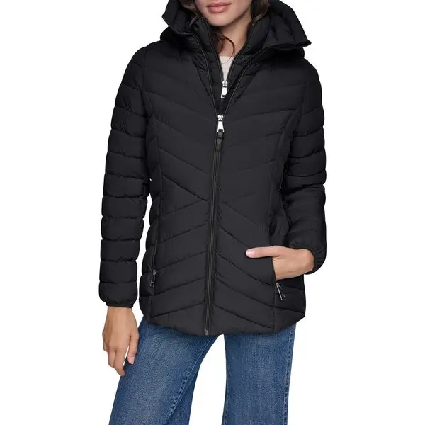 Dkny Water Resistant Lightweight Puffer Jacket With Bib - Black