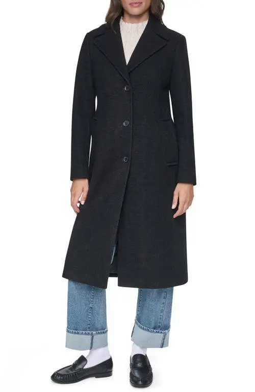Dkny Single Breasted Bouclé Wool Blend Coat - Black