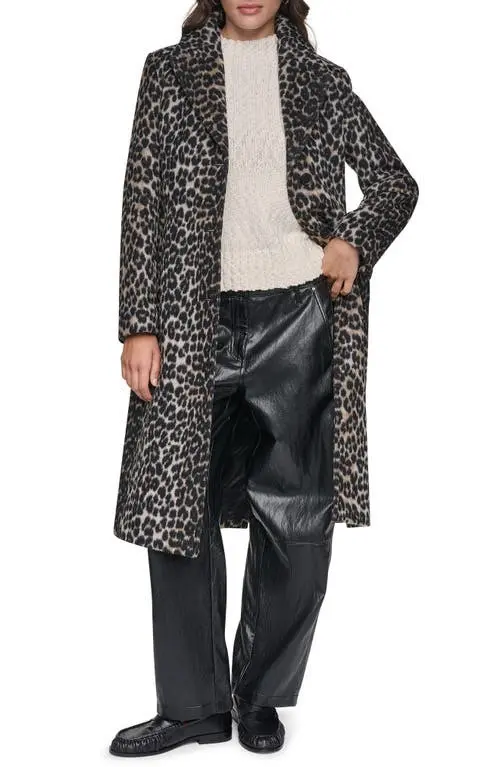 Dkny Single Breasted Bouclé Wool Blend Coat - Leopard