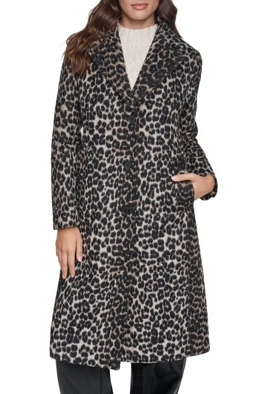 Dkny Single Breasted Bouclé Wool Blend Coat - Leopard
