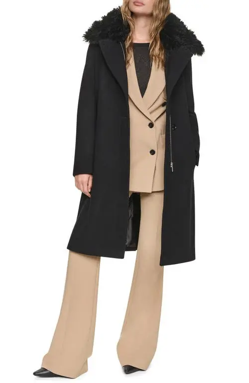 Dkny Faux Fur Collar Wool Blend Coat