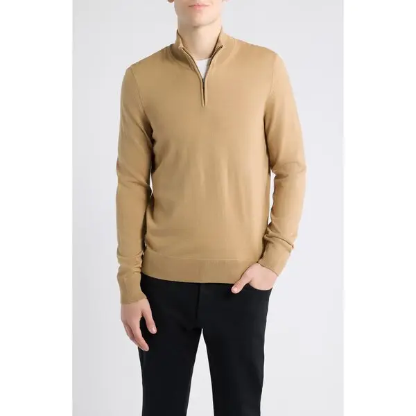 BOSS Ebenji Wool Quarter Zip Sweater - Medium Beige