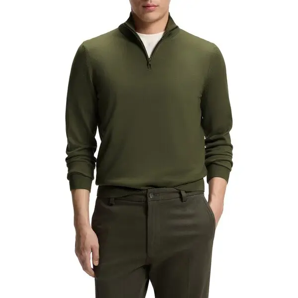BOSS Ebenji Wool Quarter Zip Sweater - Open Green