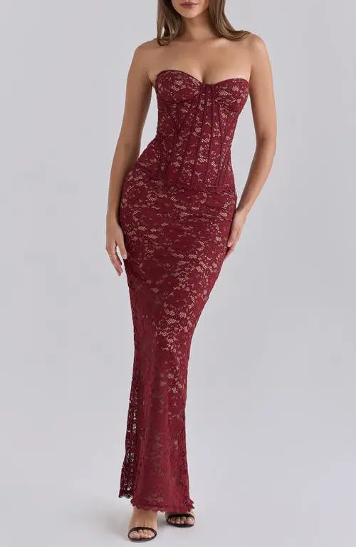 House Of Cb Solaine Lace-up Strapless Lace Corset Gown - Cabernet
