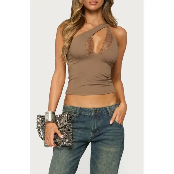 EDIKTED One Shoulder Lace Trim Cutout Camisole