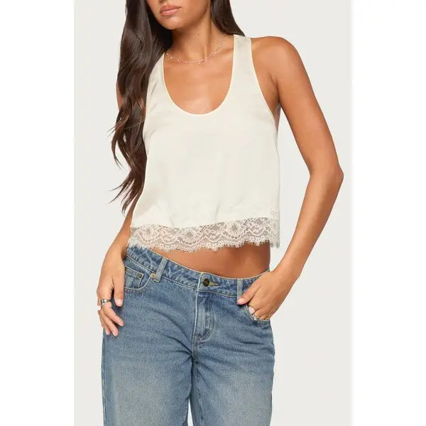 EDIKTED Onie Lace Hem Satin Tank