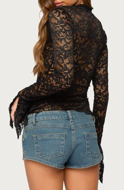 EDIKTED Sheer Lace Bell Sleeve Crop Top