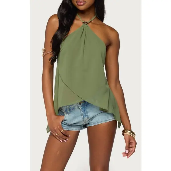 EDIKTED Split Open Back Chiffon Halter Top - Olive
