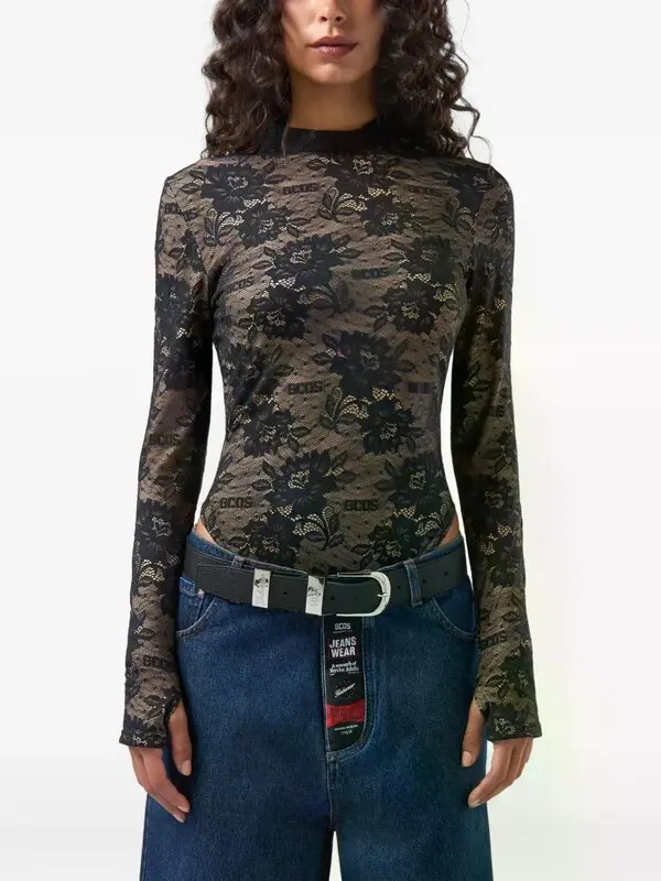 Gcds Floral-lace Logo-print Bodysuit