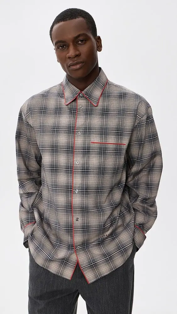 Marni Checked Poplin Shirt With Contrast Piping - Walnut