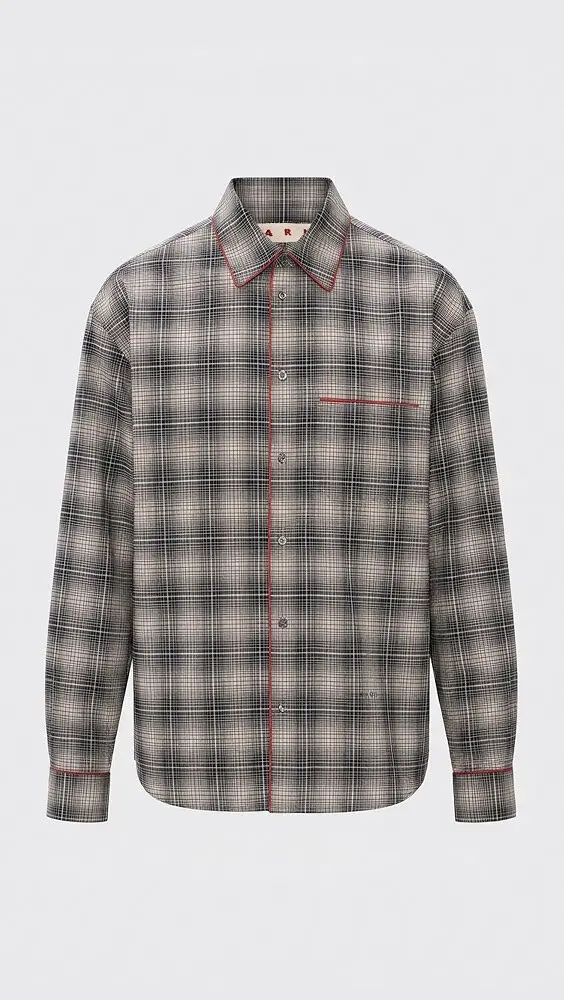 Marni Checked Poplin Shirt With Contrast Piping - Walnut