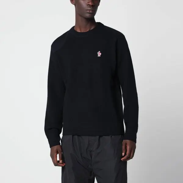 Moncler Wool Sweater With Logo Patch - Blue