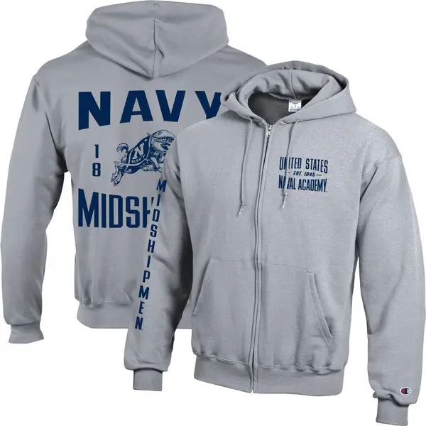 Champion Navy Midshipmen Varsity Powerblend Full-zip Fleece Hoodie - Heather Gray