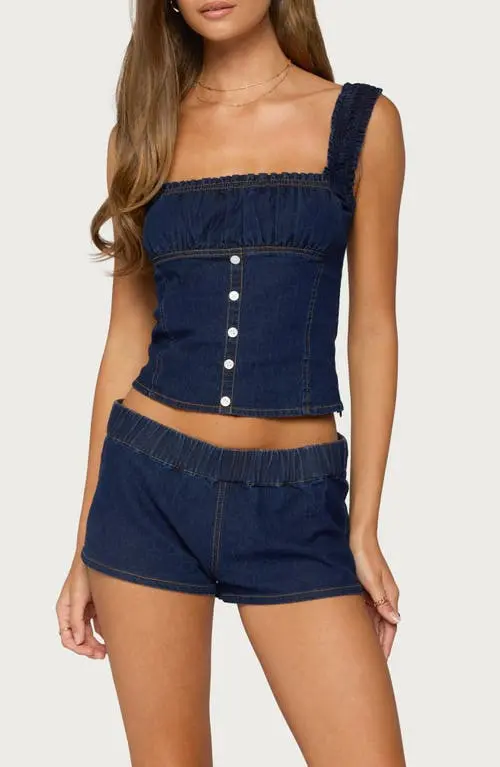 EDIKTED Aggie Ruched Button Denim Top - Blue