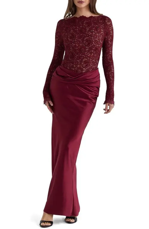 House Of Cb Yasmeen Long Sleeve Lace & Satin Gown - Cabernet