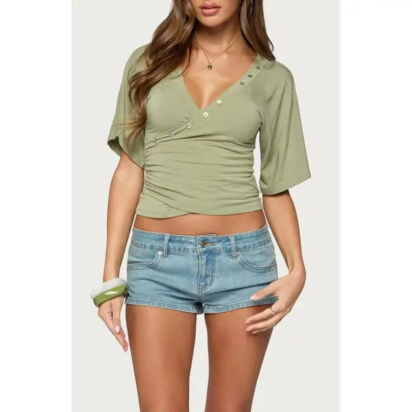 EDIKTED Sully Iridescent Button Trim Crop Top