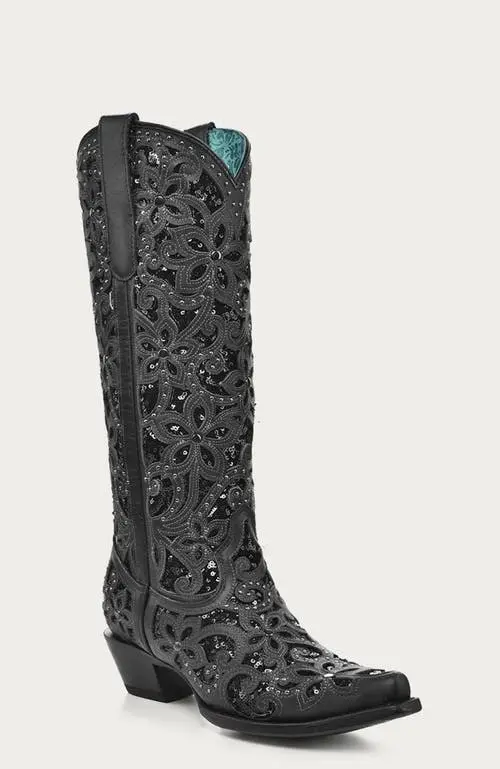 CORRAL Cowhide Embroidered Inlay Studded Snip Toe Tall Boots