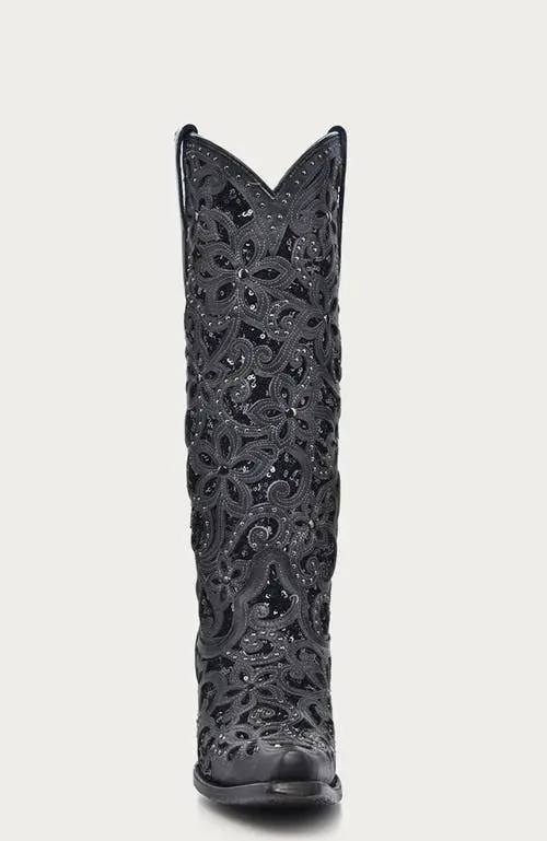 CORRAL Cowhide Embroidered Inlay Studded Snip Toe Tall Boots