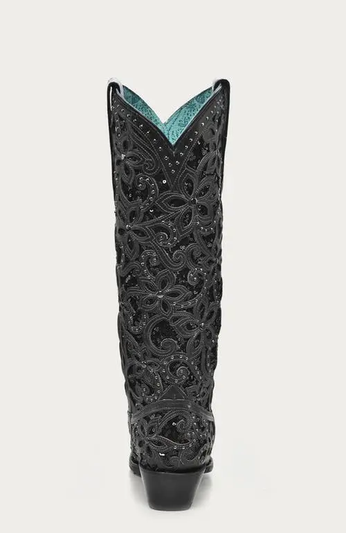 CORRAL Cowhide Embroidered Inlay Studded Snip Toe Tall Boots