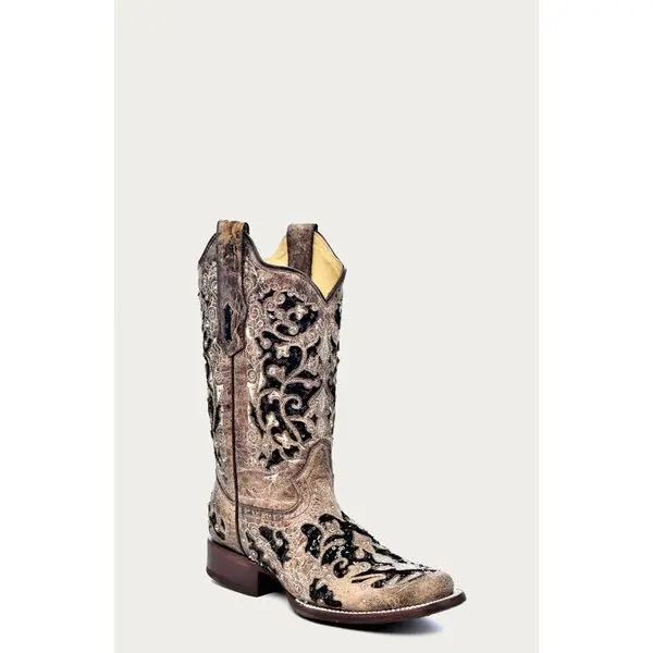 CORRAL Cowhide Crystal Accent Studded Floral Detail Square Toe Western Boots