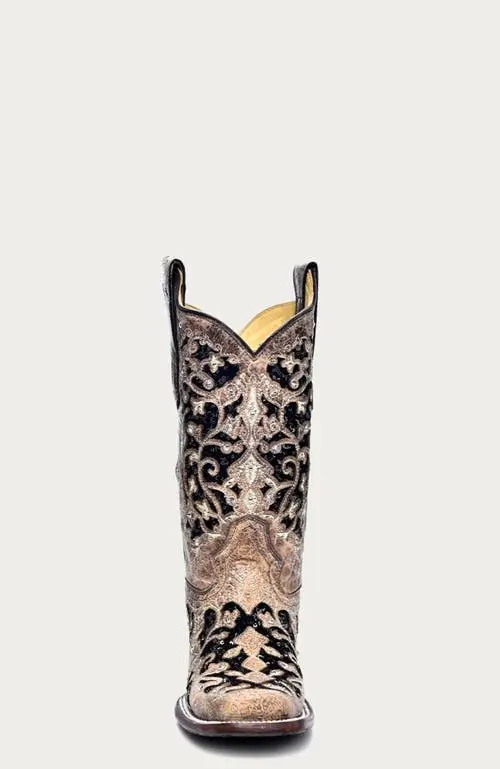 CORRAL Cowhide Crystal Accent Studded Floral Detail Square Toe Western Boots