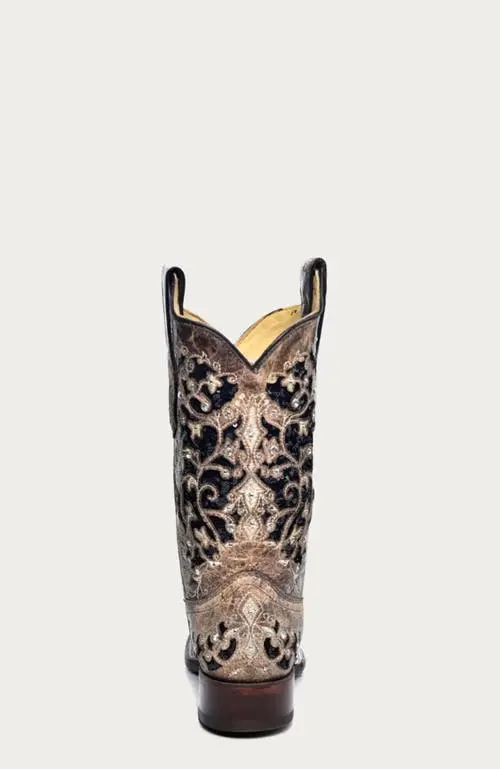 CORRAL Cowhide Crystal Accent Studded Floral Detail Square Toe Western Boots