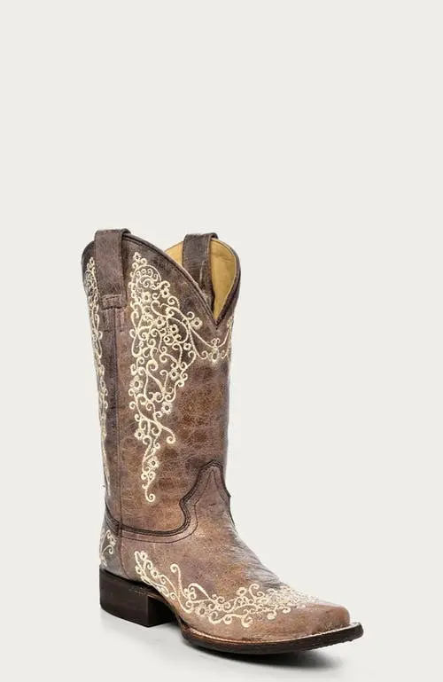 CORRAL Cowhide Embroidered Distressed Square Toe Western Boots