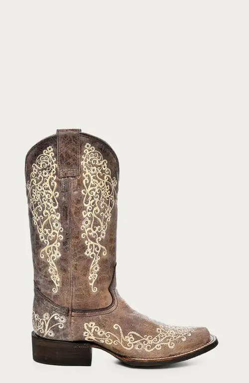 CORRAL Cowhide Embroidered Distressed Square Toe Western Boots