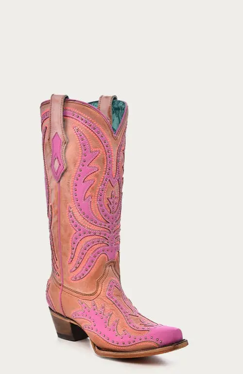 CORRAL Stitched Leather Overlay Studded Snip Toe Western Boots