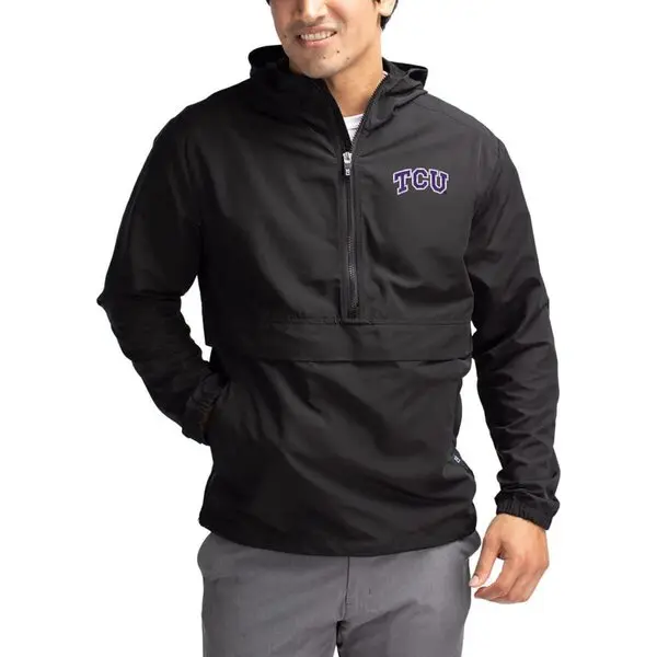 Cutter & Buck Tcu Horned Frogs Charter Eco Recycled Half-zip Anorak Jacket - Black