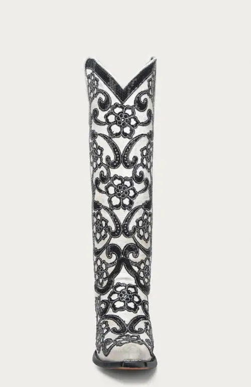 CORRAL Cowhide Embroidered Overlay Floral Snip Toe Tall Boots