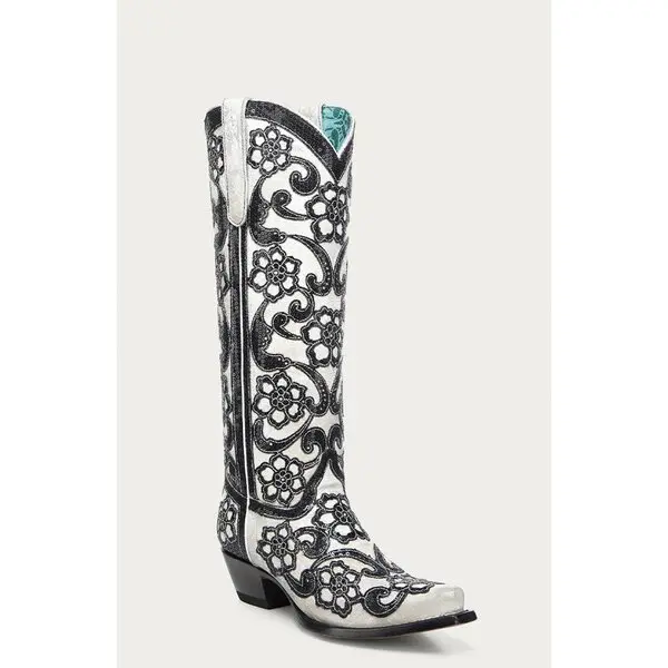 CORRAL Cowhide Embroidered Overlay Floral Snip Toe Tall Boots - White/black