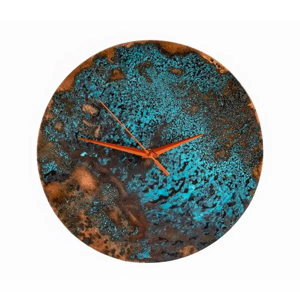 ANATOLIACRAFT Blue / Brown Copper Wall Clock With Green Verdigris Patina