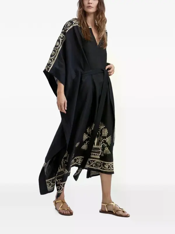 Greek Archaic Kori Embroidered Belted Midi Dress - Black