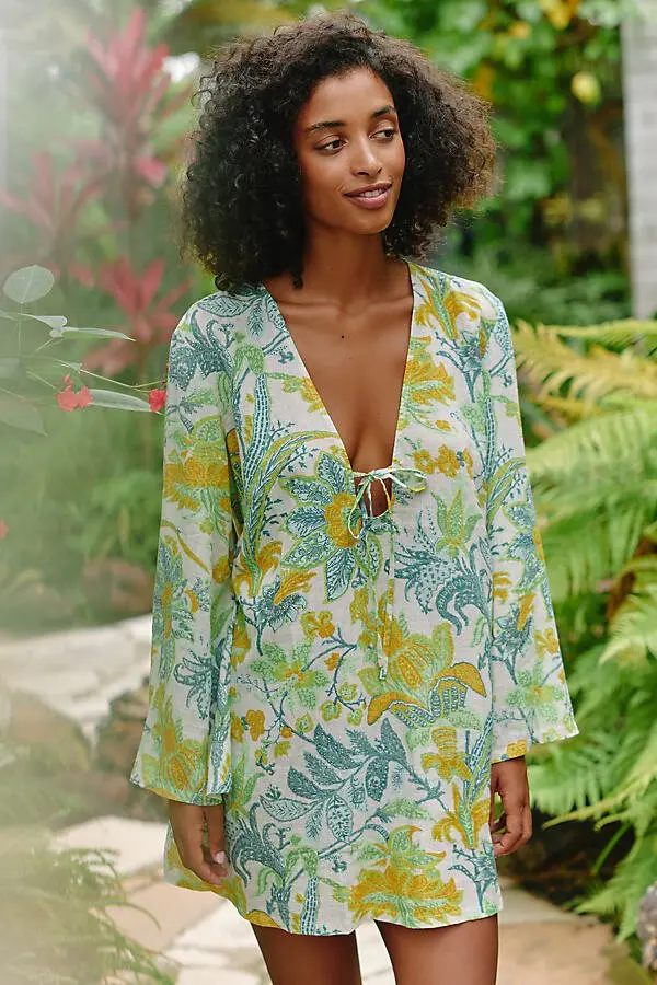 CELANDINE Tie-front Mi Dress - Green Pattern