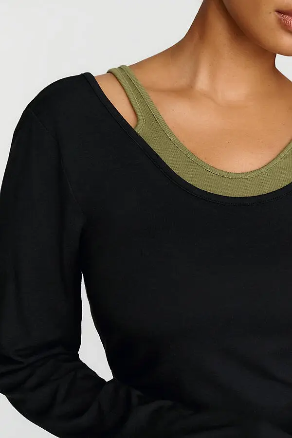 Anthropologie 100% Cotton Layered Long Sleeve Tee - Black