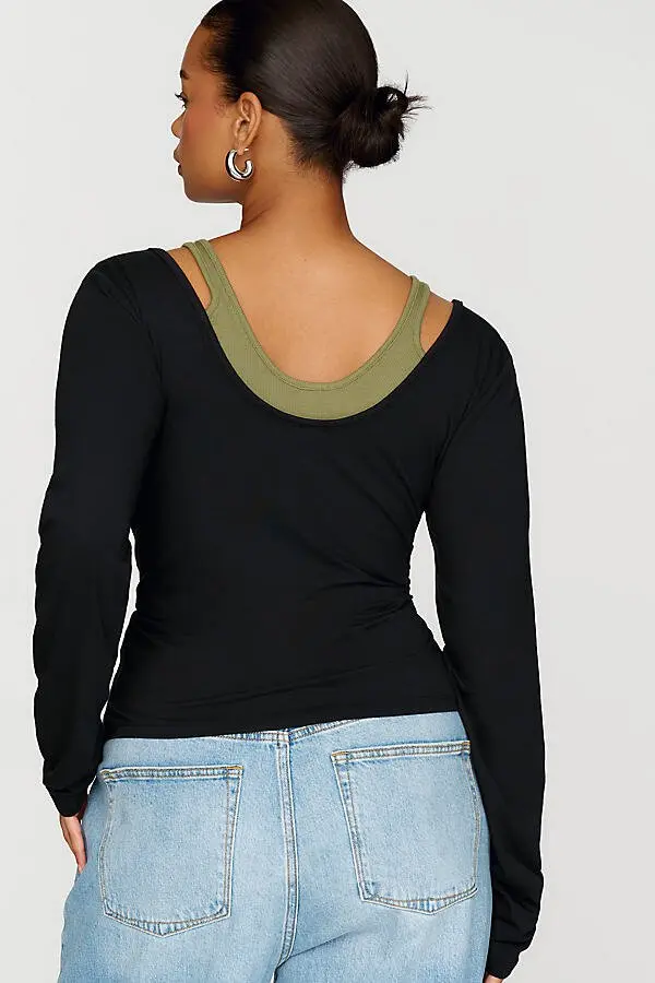 Anthropologie 100% Cotton Layered Long Sleeve Tee - Black
